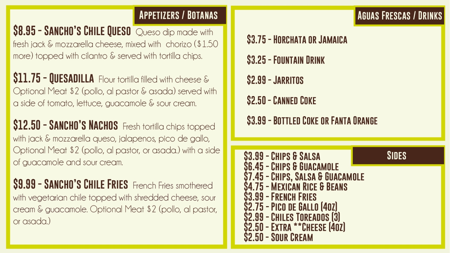 Sancho's Menu